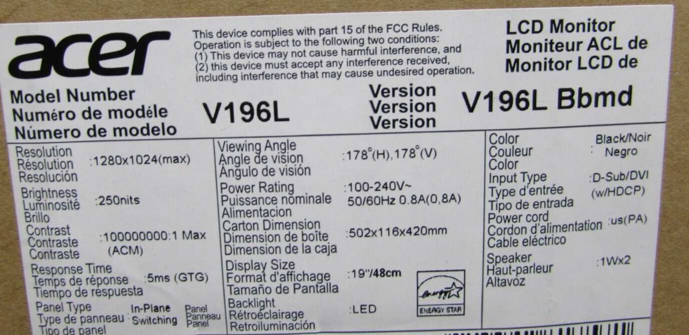 Acer V196L Bbmd 19" SXGA 5:4 LED Monitor (UM.CV6AA.B01) for sale online ...