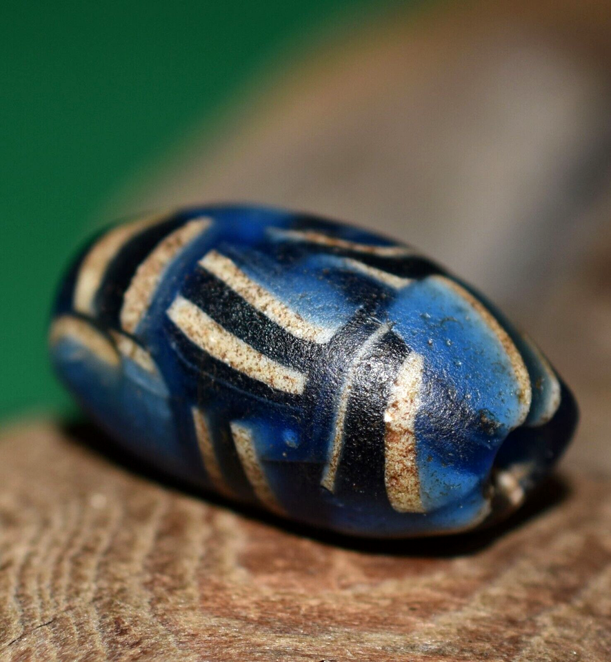 Ancient Islamic Excavated Blue & White Glass Ribbon Bead Mali, African ...