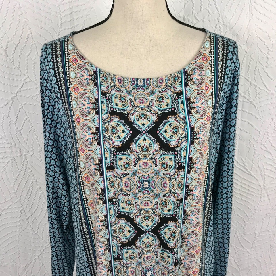 J Jill Boho Tunic Top Shirt XL Blue Border Print Pullover Long Sleeve ...