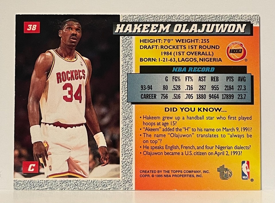 1995 Topps Embossed Hakeem Olajuwon **GOLD** #38 Rare NBA Champion Card ...