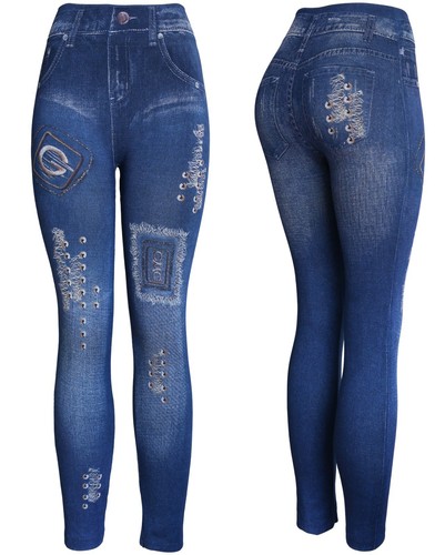 High Waist Women's Denim Print Fake Faux Jeans Leggings Pants | eBay