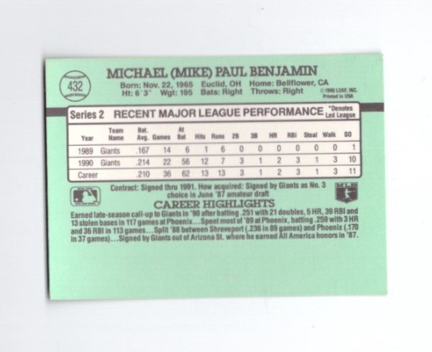 1991 Donruss baseball card #432 Mike Benjamin Giants Rated Rookie | eBay
