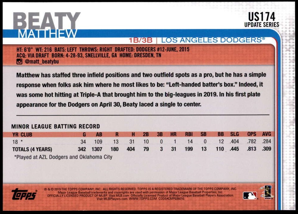 Matthew Beaty 2019 Topps Update 5x7 Gold #US174 /10 | eBay