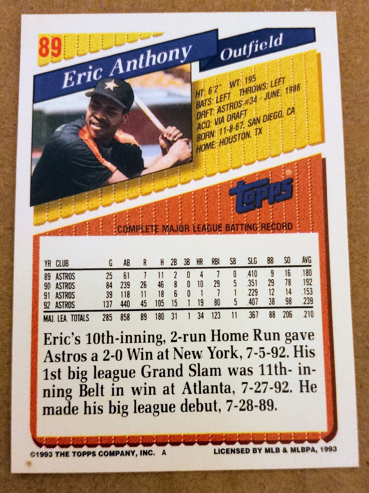 1993 Topps ERIC ANTHONY Baseball Card #89. HOUSTON ASTROS | eBay