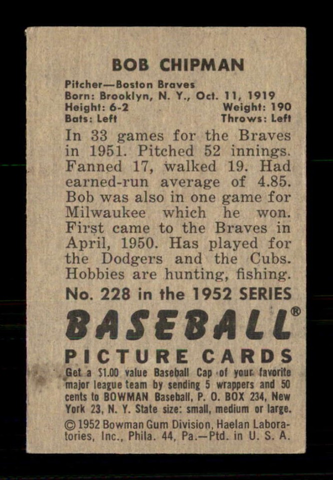 1952 Bowman #228 Bob Chipman G/VG X2661611 | eBay