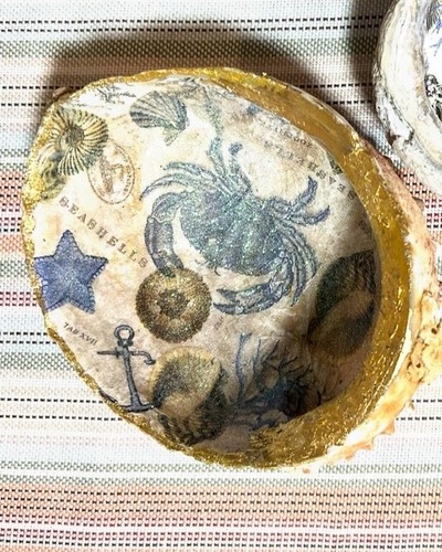 Handmade Large Abalone Shell Ring Dish Decoupaged Ocean Crab Motif Gold ...