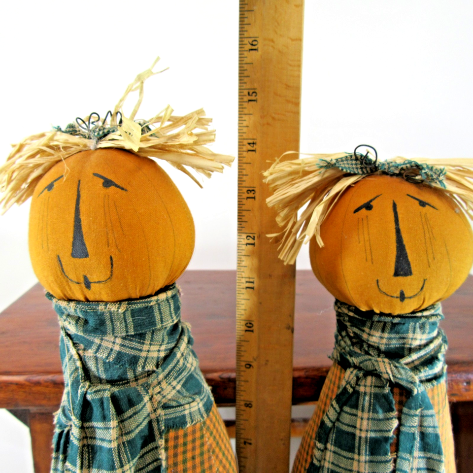 2 cloth 14" tall Pumpkin dolls Halloween Fall decor doorstops artisan ...
