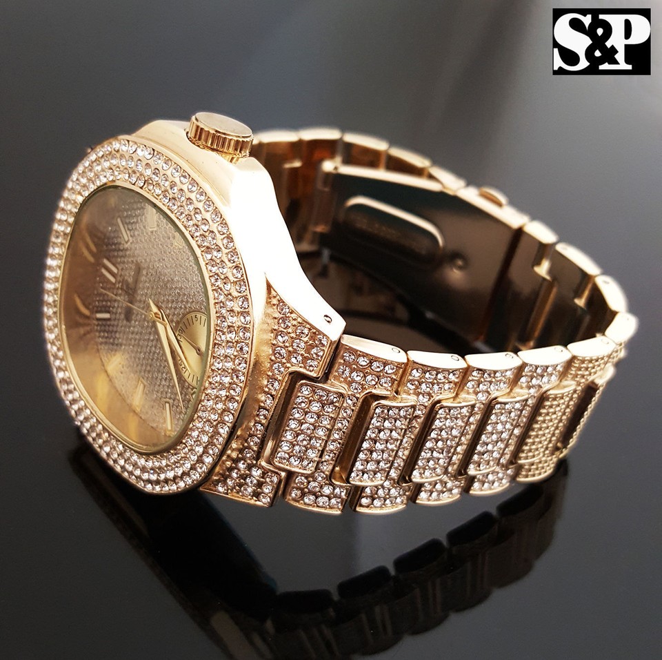 MEN'S HIP HOP QUAVO GOLD PT LUXURY WATCH & FULL ICED CUBAN BRACELET ...