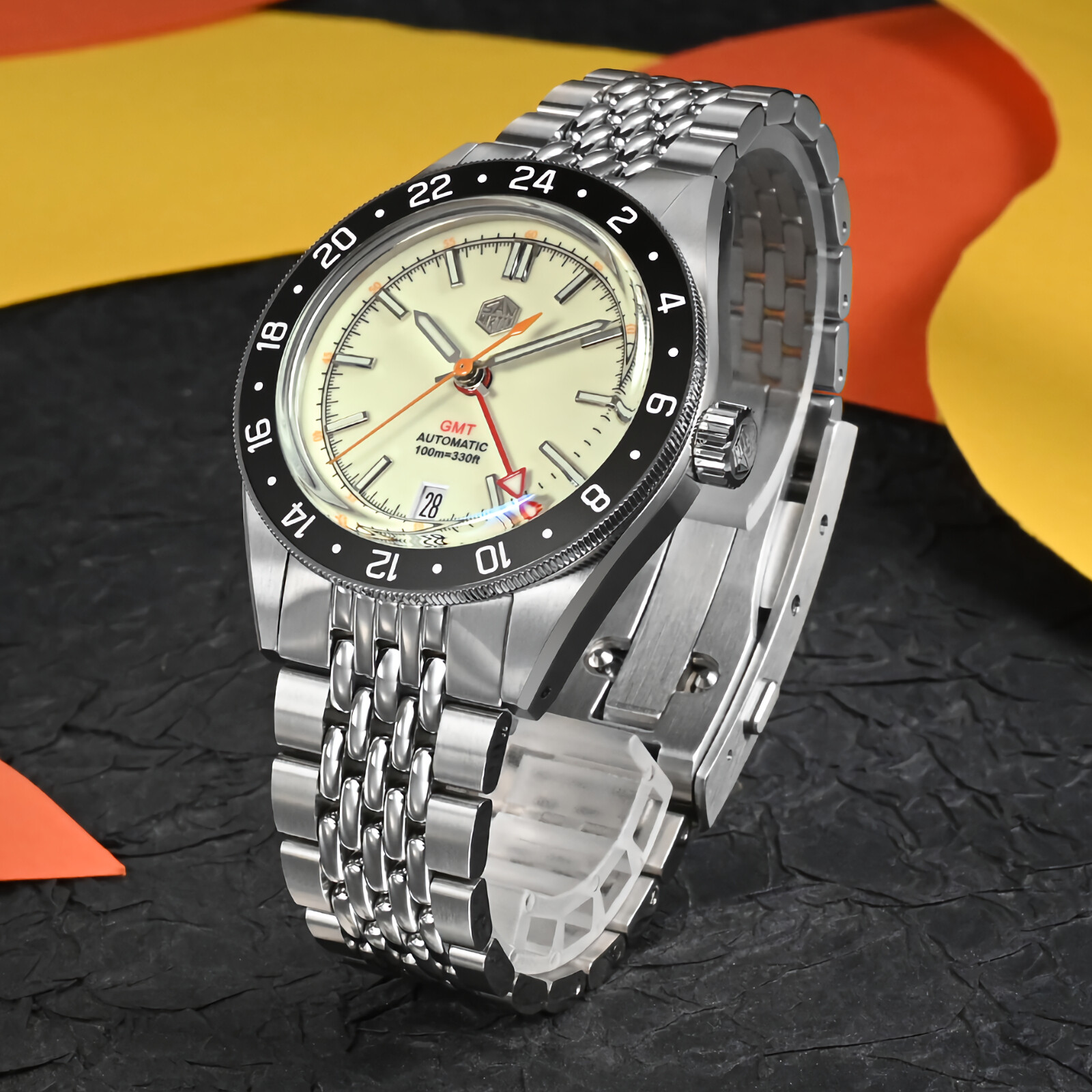 SAN MARTIN SN0116-LUM GMT Full Lume Automatic Stainless Steel 39.5mm ...
