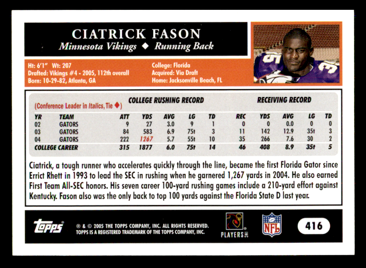 2005 Topps Chrome Ciatrick Fason RC #175 Minnesota Vikings | eBay