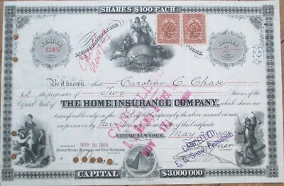 Home Insurance Company 1906 Stock Certificate, Revenue Stamps, Four ...