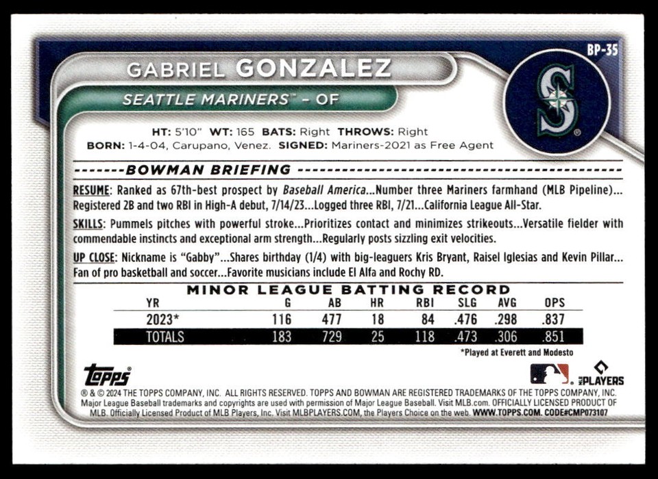 2024 Bowman #BP-35 Gabriel Gonzalez Prospects | eBay