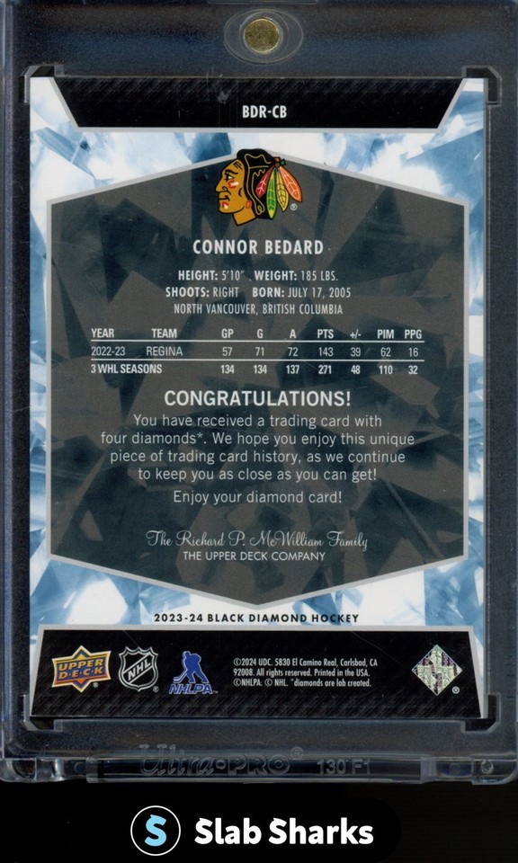 2023 UPPER DECK BLACK DIAMOND CONNOR BEDARD QUAD DIAMOND RELIC ROOKIES ...