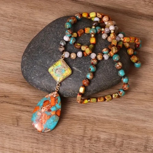 Natural Stone Beaded Necklace Authentic Semi Precious Pendant Boho Yoga ...
