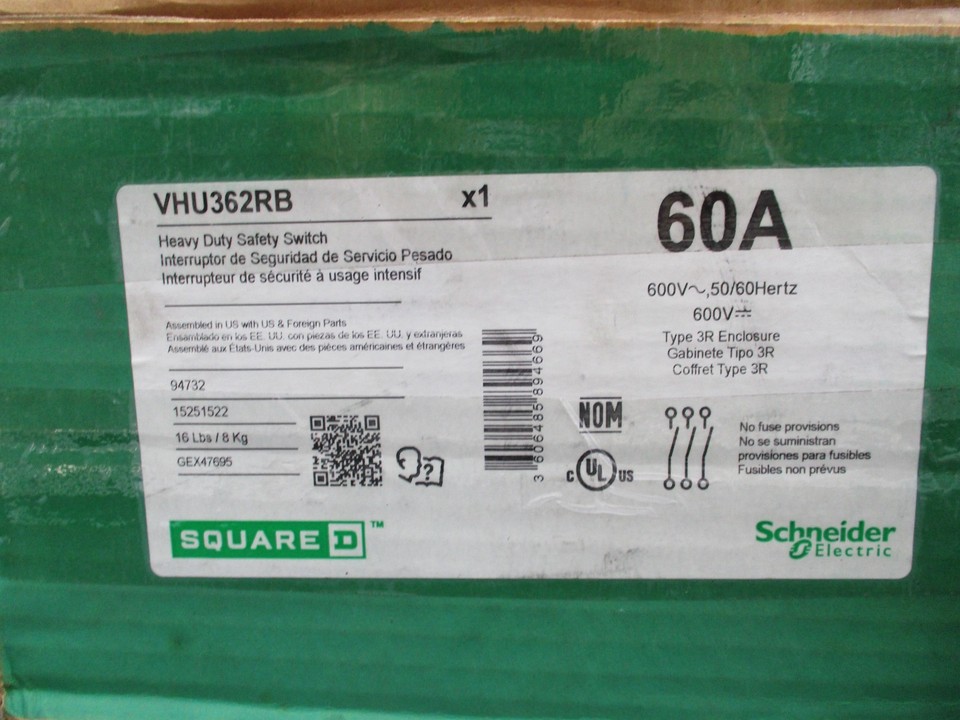 SQUARE D VHU362RB 3 POLE 60 AMP NON FUSIBLE NEMA 3R HD DISCONNECT ...