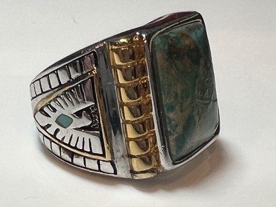 Mens BGE Sterling Silver Biker Gold Thunderbird Turquoise Ring Sz 10.5 ...