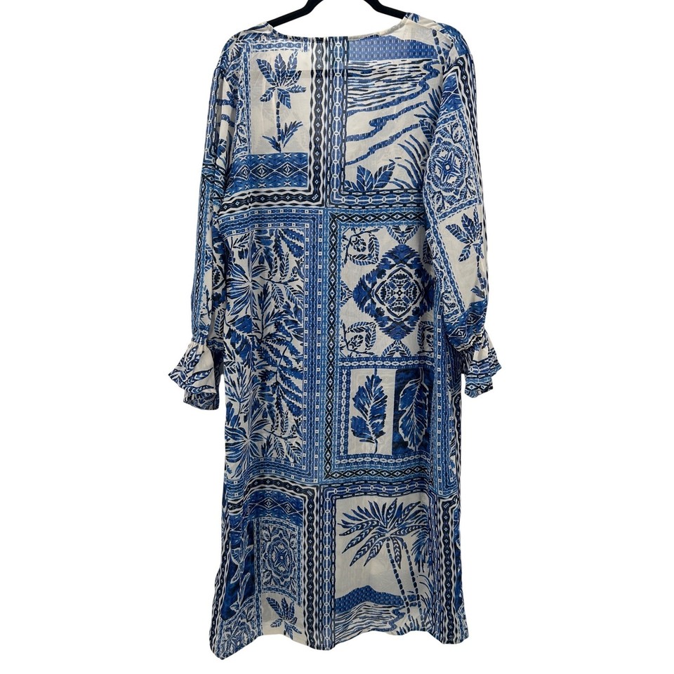 NWT True Destinations Sheer Blue White Tropical Print Kaftan Cover Up ...