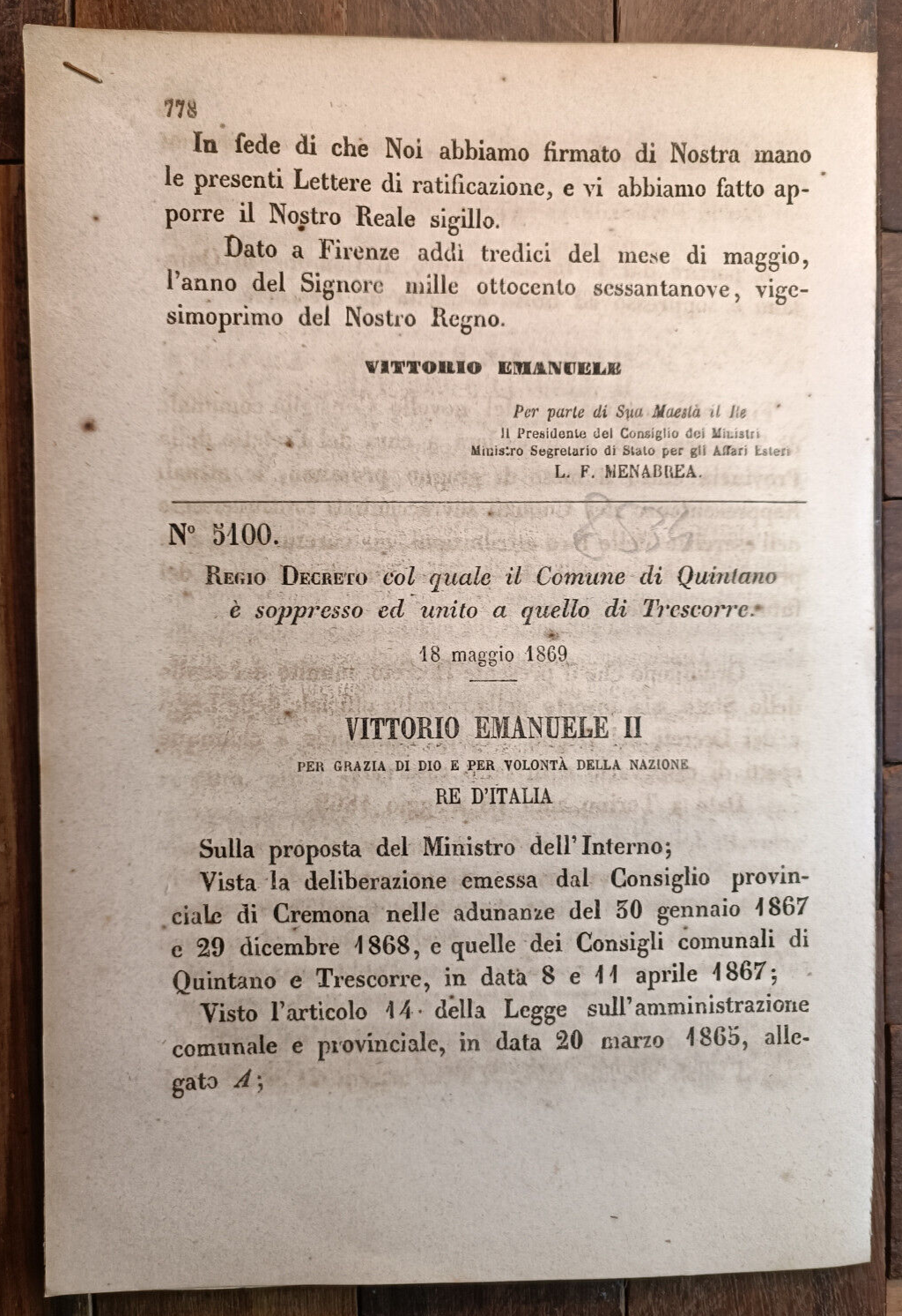 Quintano 1869 Regio Dekret Unterdrückt /Aggregiert Zu Trescorre -8534 ...