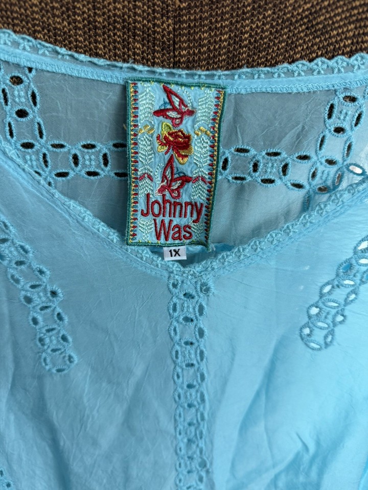 Johnny Was Shirt Womens 1X turquoise Blue Embroidered Boho Flowy Tunic ...