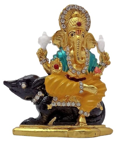 2 x Lord Ganesha Sitting on Mushak Vahan Mouse Statue Showpiece Decor ...
