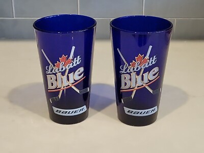 Pair Labatt Blue Cobalt Beer pint Glass Canadian BAUER Crossed Hockey ...