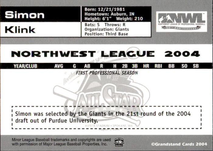 2004 Northwest League All-Stars Grandstand 49 Simon Klink Auburn ...