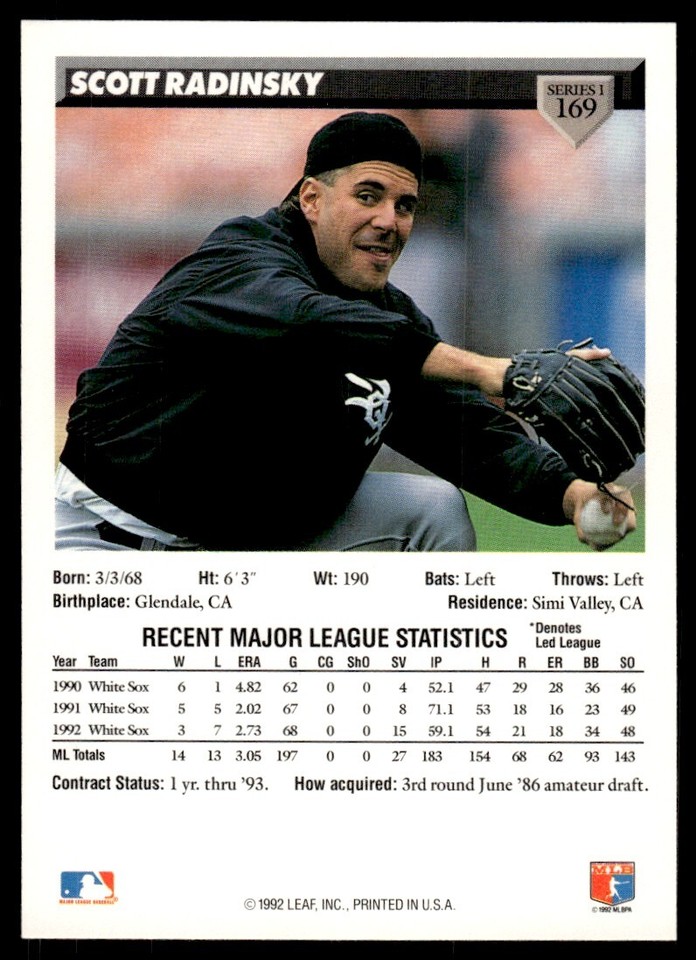 1993 Donruss Baseball Card Scott Radinsky Chicago White Sox #169 | eBay