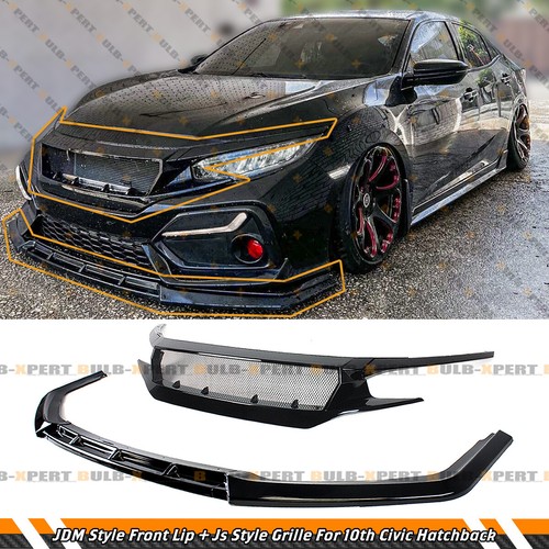 FOR 16-2021 HONDA CIVIC HATCHBACK V3 BLACK FRONT BUMPER LIP + J STYLE ...