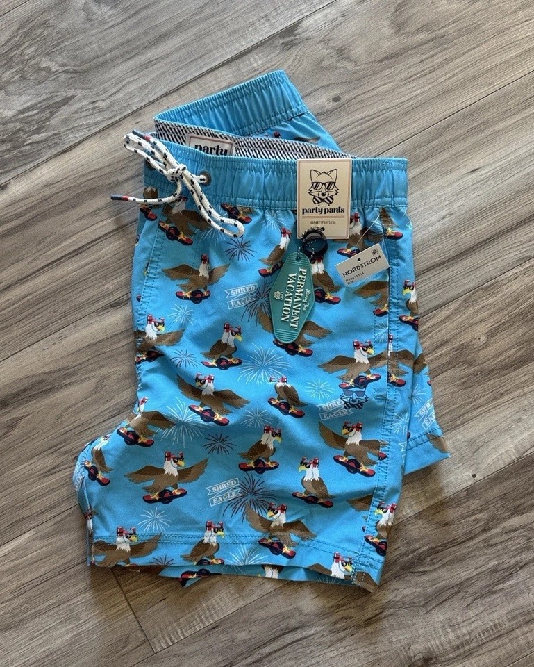 New Party Pants Shred Eagle Swim Trunks Size Medium Neon Blue Bird ...