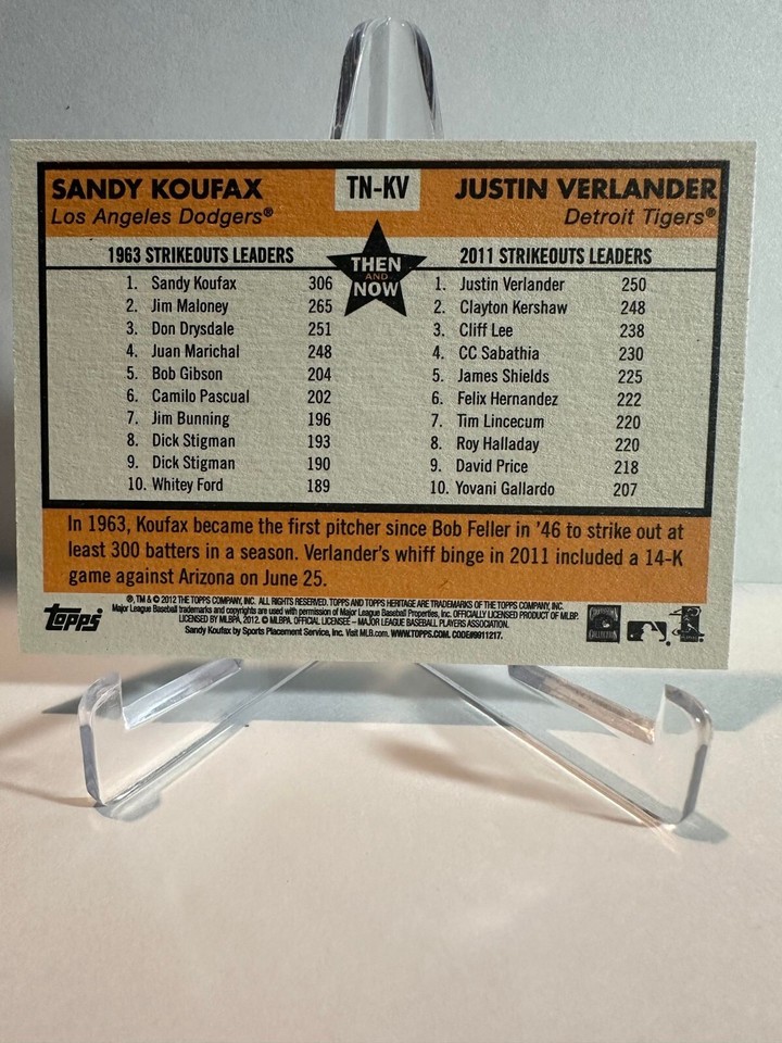 Justin Verlander Sandy Koufax 2012 Topps Heritage Then Now #TN-KV ...