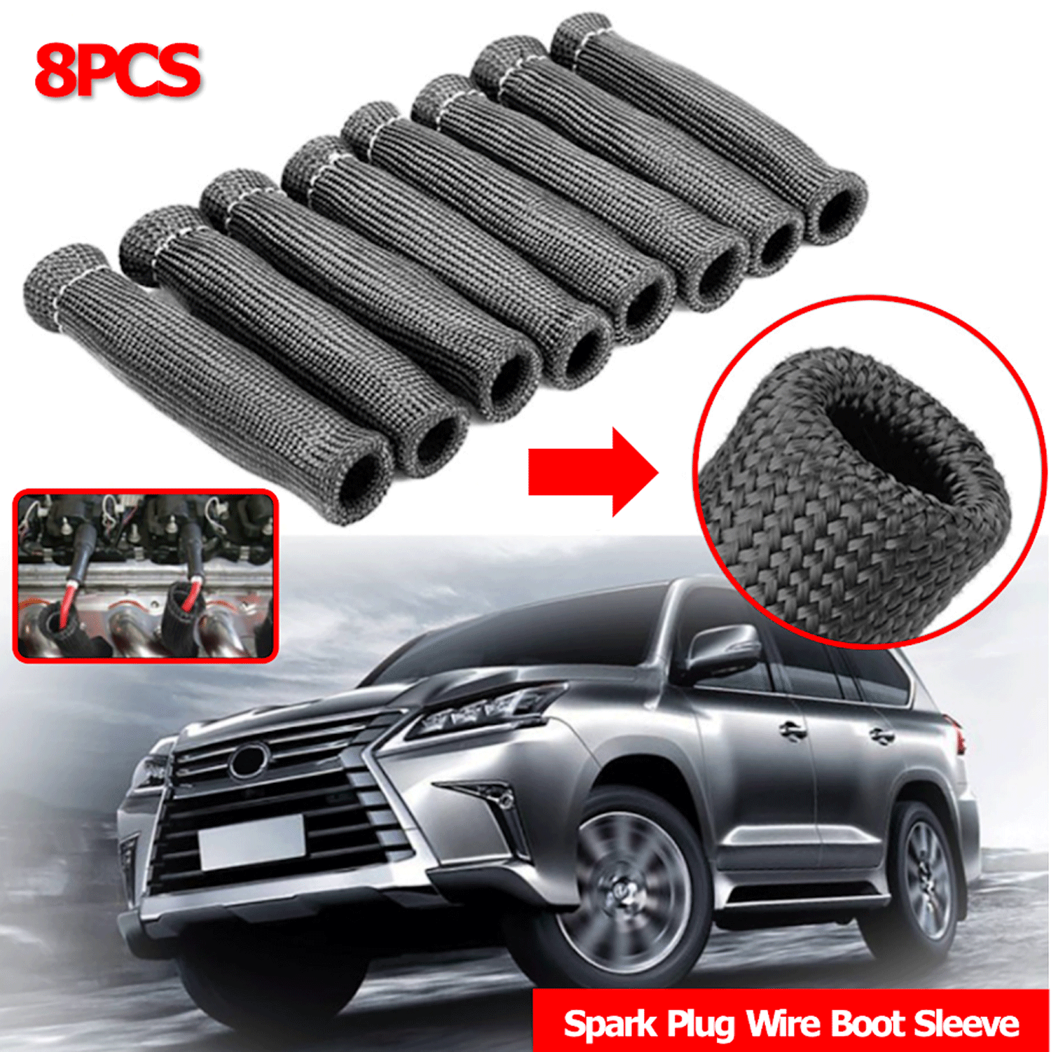8pcs 2500° 6" Spark Plug Wire Protector Boots Sleeve Heat Shield Cover ...