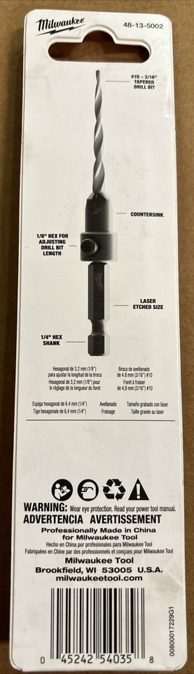 Milwaukee 48-13-5002 #10 Countersink 3/16" Wood Drill Bit | eBay