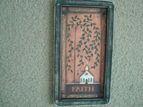Primitive Country Print *FAITH with CHURCH* hand made black frame 6 1/2 ...