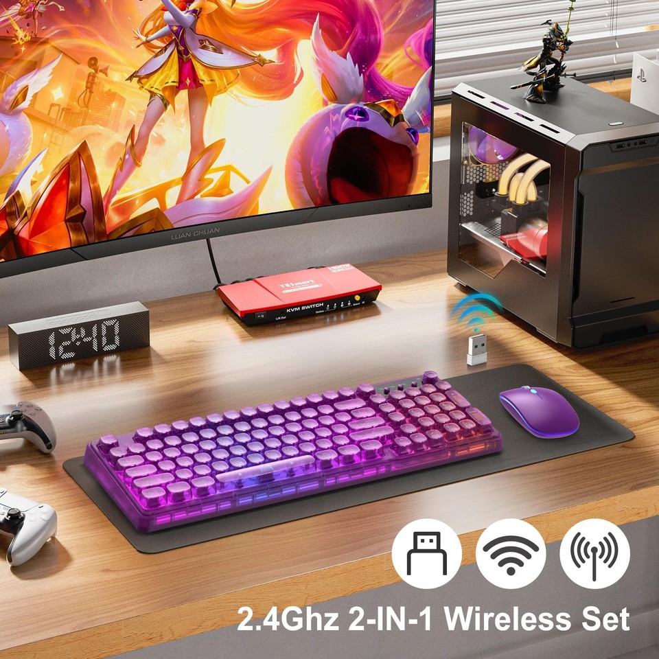 Purple Light Up Keyboard and Mouse Wireless,Cute 2.4Ghz Cordless ...