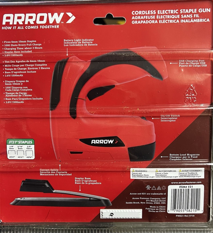 Arrow E21 Cordless Electric Light Duty Staple Gun- RED 79055582151 | eBay