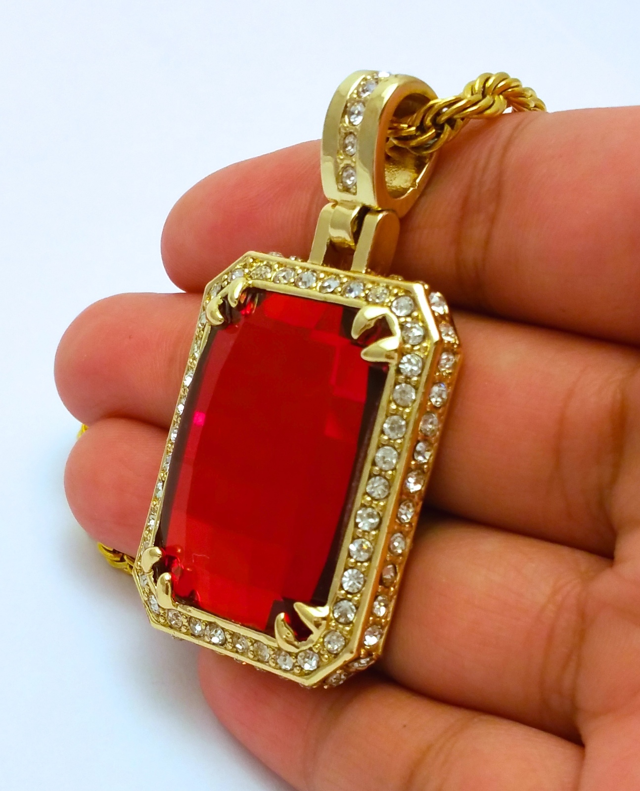 MENS HIP HOP RICH GANG HOMIE QUAN RED RUBY PENDANT ROPE CHAIN NECKLACE ...