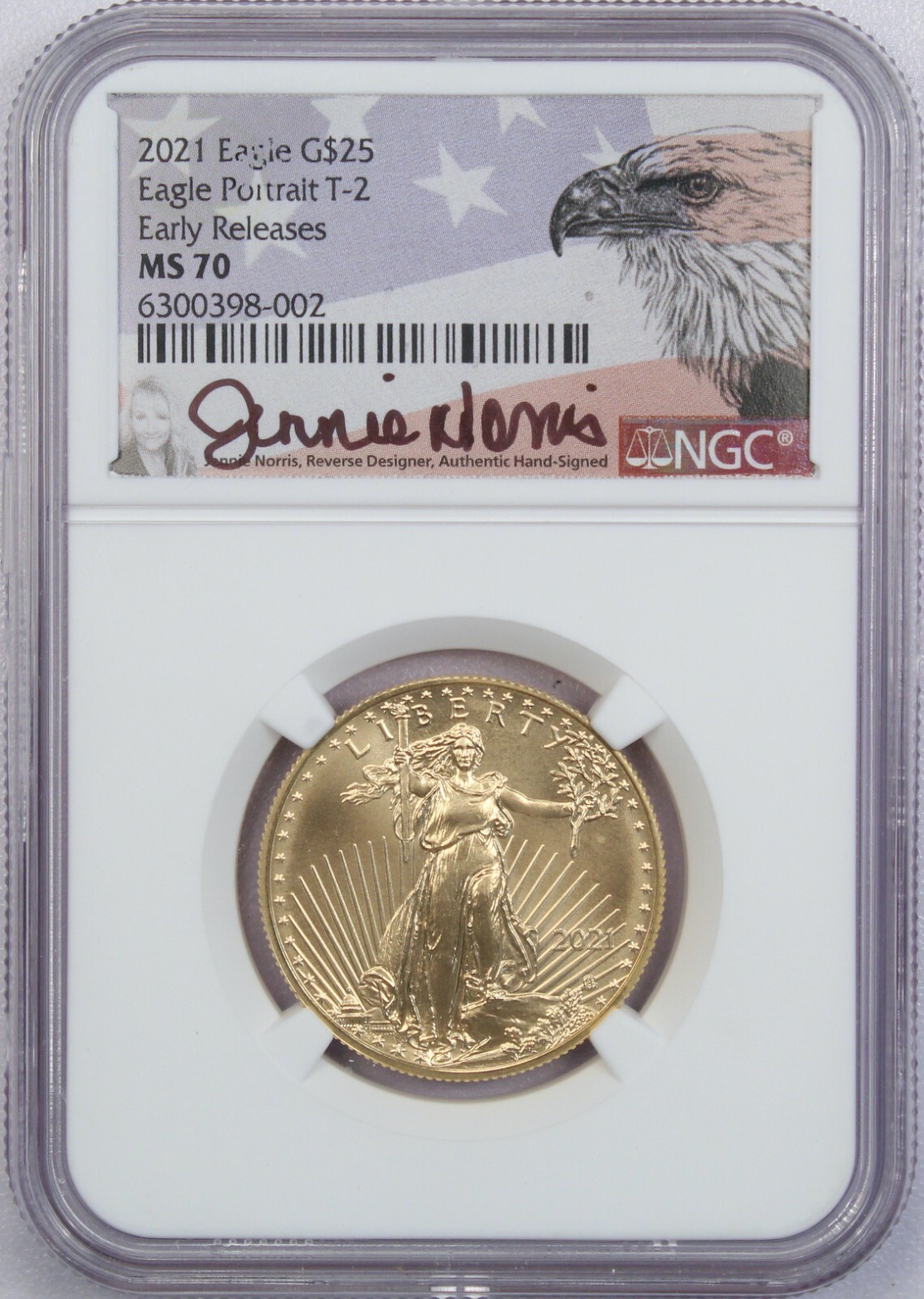 2021 Type 2 Gold Eagle $25 Half Ounce 1/2oz, NGC MS70, Norris Autograph ...