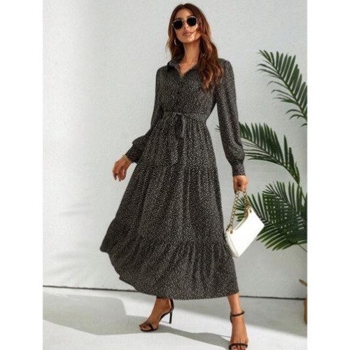 SHEIN Black Prive Print Ruffle Hem Long Sleeve Collared Maxi Shirt ...