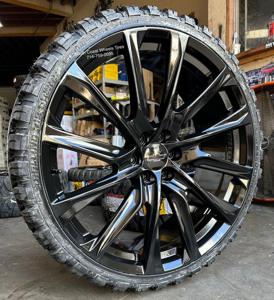 24” ESCALADE FR98 BLACK WHEELS Silverado Tahoe Yukon Sierra 33” MT Mud ...