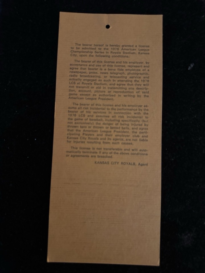 1976 ALCS NY Yankees vs KC Royals @Royals Stadium Press Pass ...