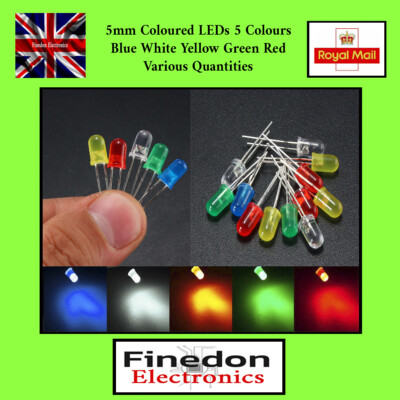 5mm Coloured LEDs 5 Colours Red Blue Yellow Green White 1, 10, 20, 50 ...