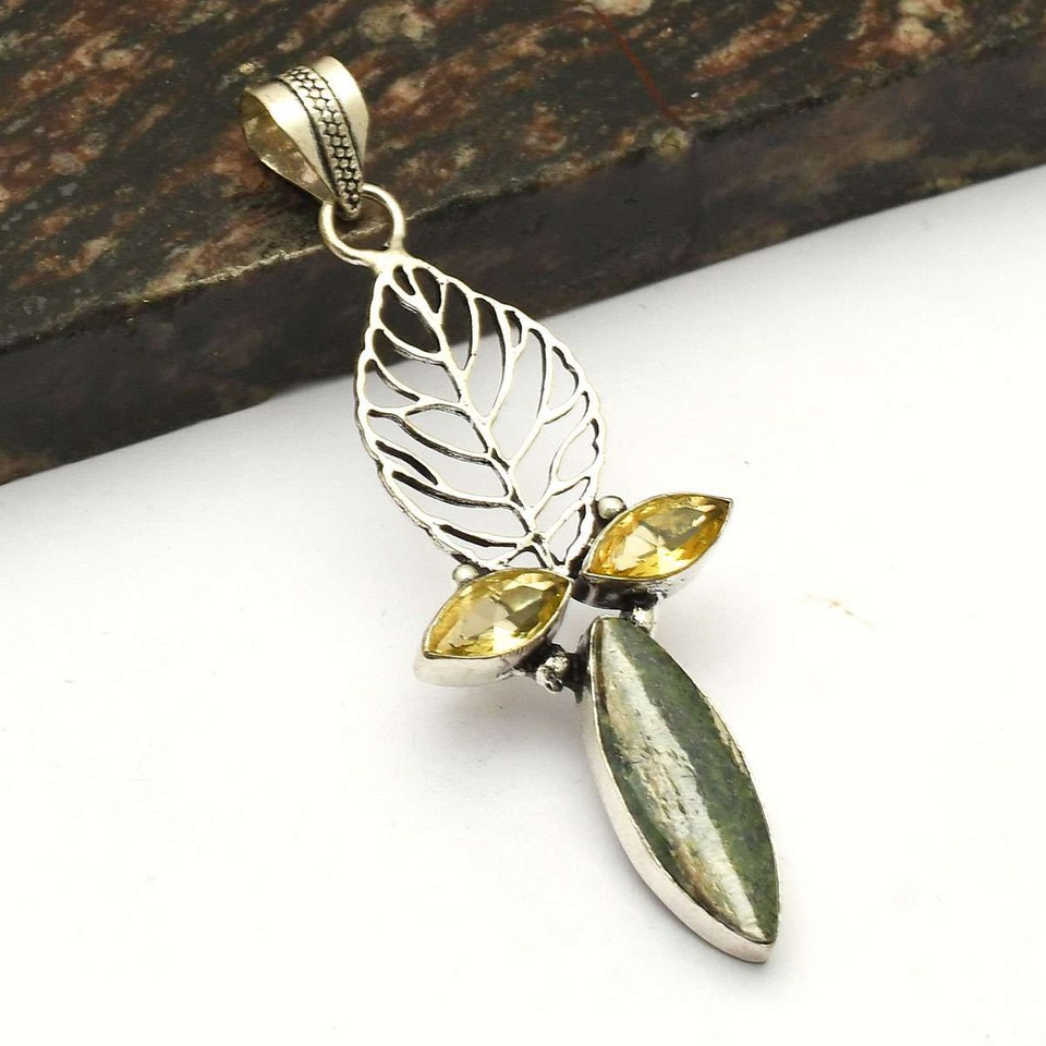Silver Line Jasper Citrine Gemstone Handmade Leaf Pendant Jewelry 3" AP ...