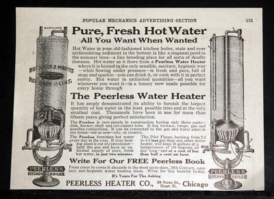 1910 OLD MAGAZINE PRINT AD, THE PEERLESS WATER HEATER, PURE FRESH HOT ...