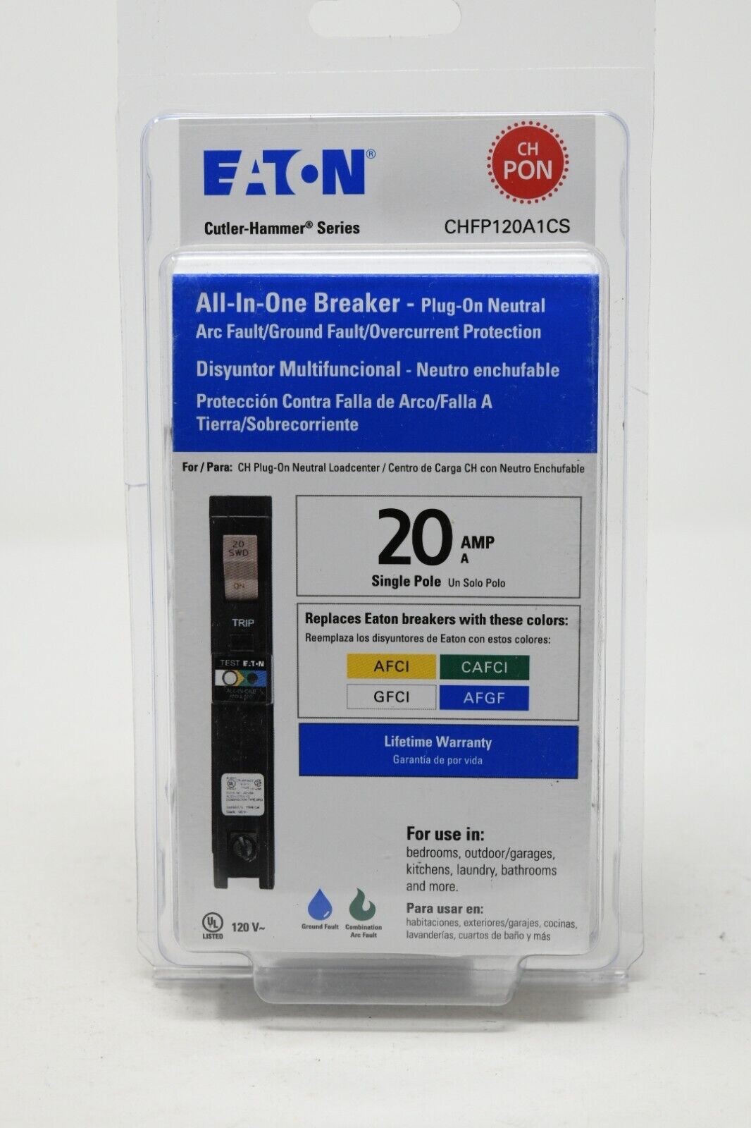 1) Eaton CHFP120DF 20 Amp 1 Pole Dual Function Breaker AF/GFCI N ...