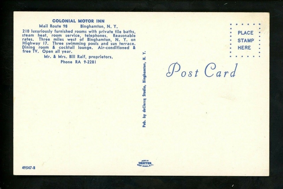 Motel Hotel Postcard New York NY Binghamton Colonial Motor Inn chrome ...