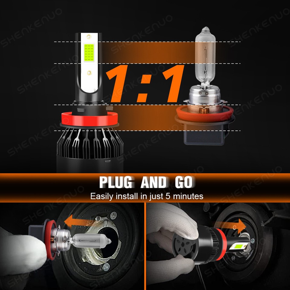 SHENKENUO 2X H11 LED Headlight Bulbs Kit Low Beam Ice Blue 80W 8000K ...
