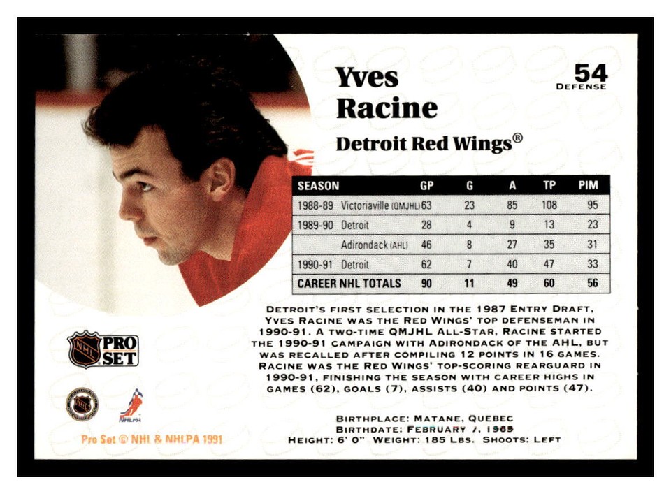 1991 Pro Set #54 Yves Racine - Detroit Red Wings | eBay