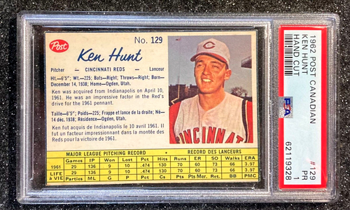 1962 Post Canadian Ken Hunt Hand Cut #129 Baseball Card Cincinnati Reds ...