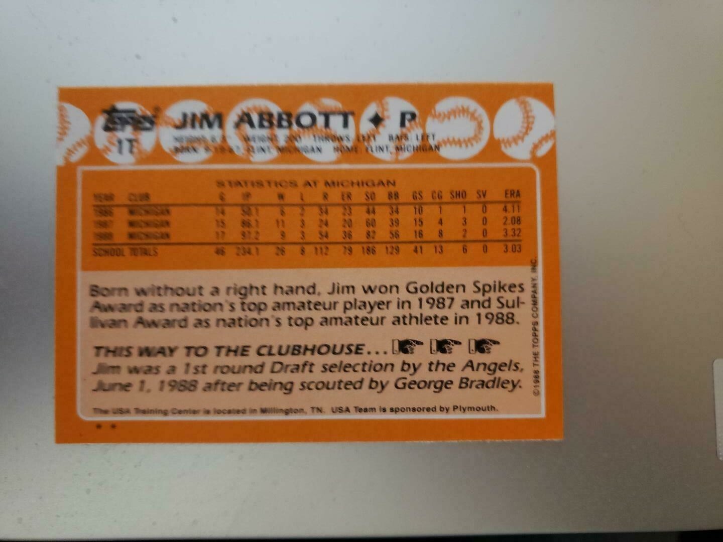 1988 Jim Abbott, #11, Topps, One handed pitcher, Angels in June 1988 | eBay