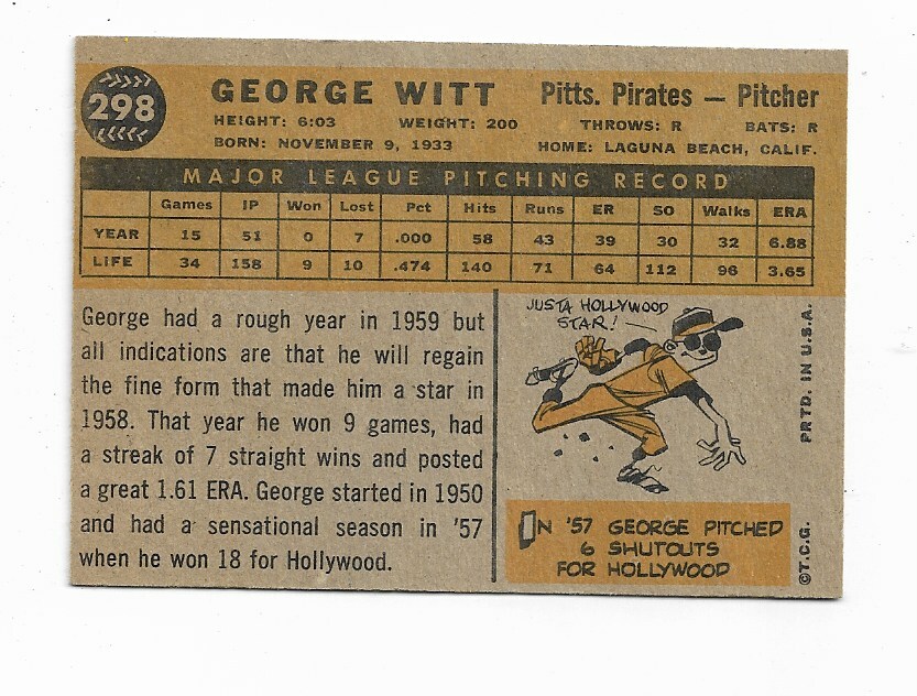 1960 Topps baseball #298 George Witt Pittsburgh Pirates NEARMINT | eBay